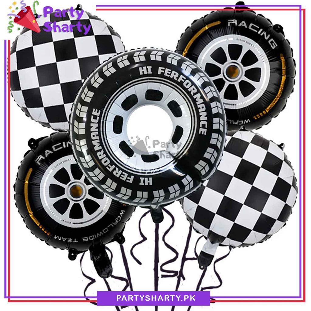 5pcs/Set Tyre Wheel Shaped Black White Checker Foil Balloons For Racin ...