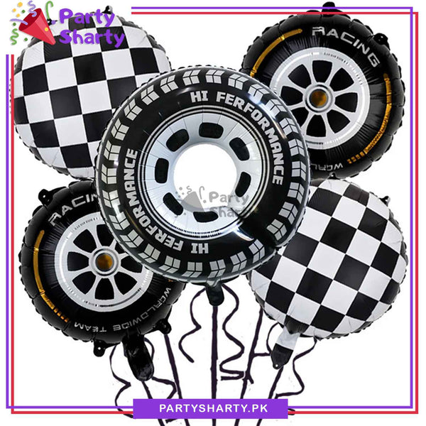 5pcs/Set Tyre Wheel Shaped Black White Checker Foil Balloons For Racin ...